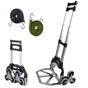 double rhombus stair climbing cart portable folding hand truck, 330 lbs capacity aluminium trolley with 3-level height adjustable telescoping handle, 6 rubber wheels, 2 bungee cords, all terrain