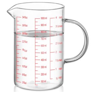 luvan 34oz/1000ml glass measuring cup, 4 cup glass measuring cup with 3 scales (ml/oz/cup), high borosilicate glass measuring cup with handle and v-shaped spout, dishwasher/freezer/microwave safe