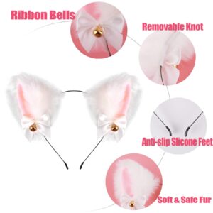 xipixiao Cat Ears Headband Plush Furry Neko Ears with Ribbon Bell for Halloween Party, Women and Kids