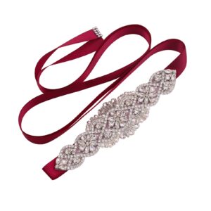 weztez wedding sash pearl belt with satin ribbon handmade crystal bridal belt thin for women formal evening dress accessories (silver-burgundy)