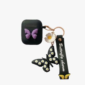 heniu for airpod case, 3d butterfly silicone airpods case cute cover with keychain compatible for apple airpods 2&1 charging case-black