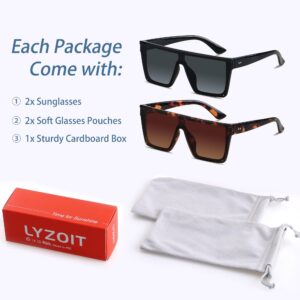 LYZOIT Square Oversized Sunglasses for Women Men Big Flat Top 2 pack Fashion Shield Large UV Protection Rimless Shades Black Tortoise Sun glasses