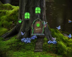 sonsil resin miniature fairy gnome home windows and welcome door with fairy lantern,glow in dark art sculpture for trees outdoor indoor garden yard wall decorations