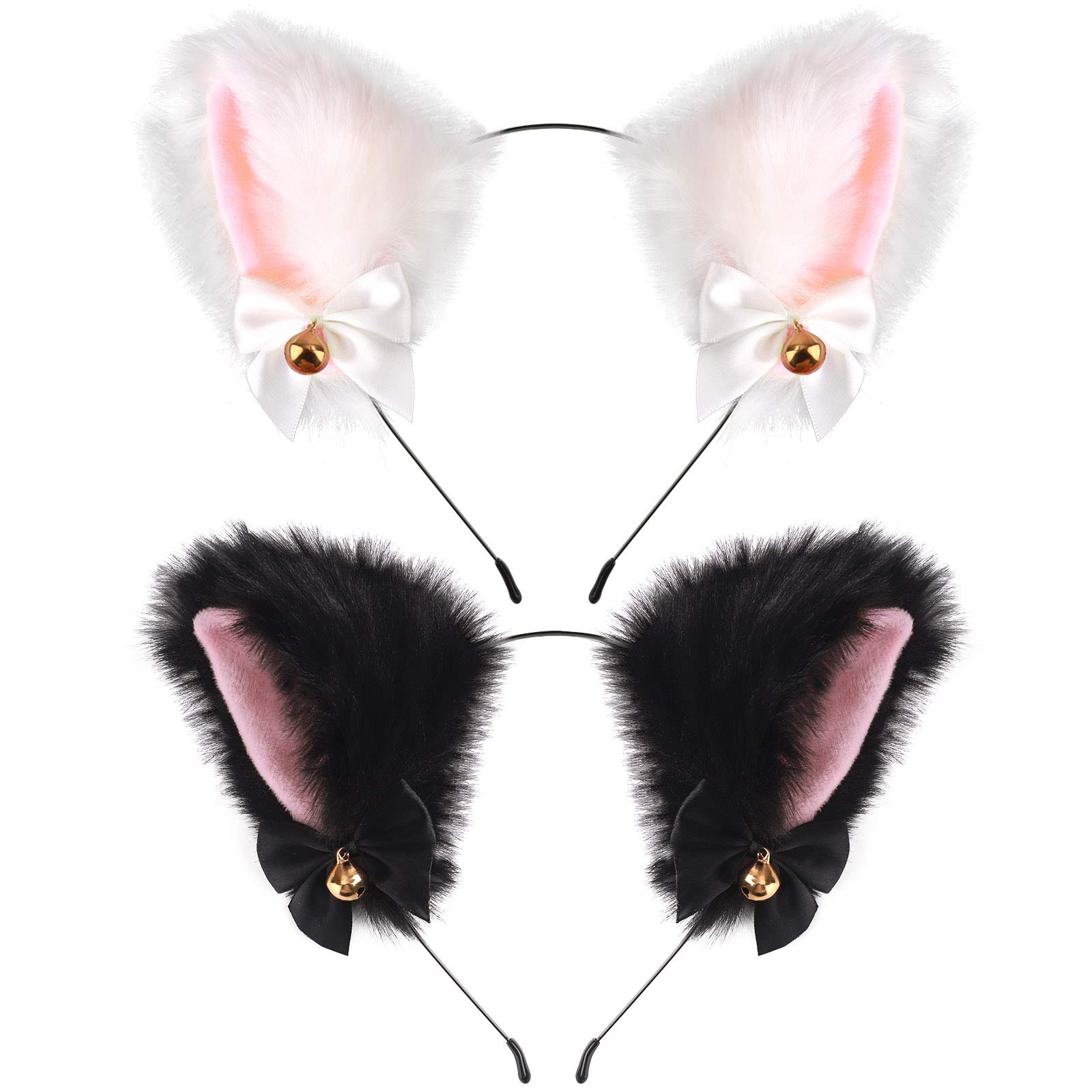 xipixiao Cat Ears Headband Plush Furry Neko Ears with Ribbon Bell for Halloween Party, Women and Kids