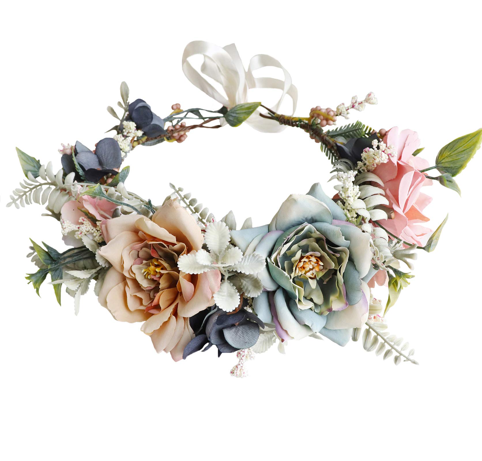 Vivivalue Women Floral Crown Adjustable Flower Headband Hair Wreath Floral Headpiece Halo Boho with Ribbon Wedding Party Photos