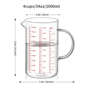 Luvan 34OZ/1000ML Glass Measuring Cup, 4 Cup Glass Measuring Cup With 3 Scales (Ml/Oz/Cup), High Borosilicate Glass Measuring Cup With Handle and V-Shaped Spout, Dishwasher/Freezer/Microwave Safe