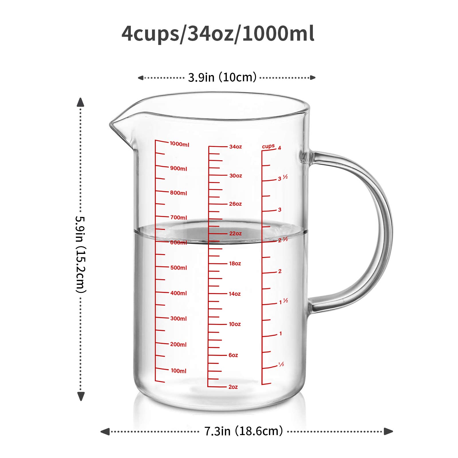 Luvan 34OZ/1000ML Glass Measuring Cup, 4 Cup Glass Measuring Cup With 3 Scales (Ml/Oz/Cup), High Borosilicate Glass Measuring Cup With Handle and V-Shaped Spout, Dishwasher/Freezer/Microwave Safe