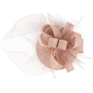 Gionforsy Pillbox Fascinator Veil Feather Derby Hat Lace Gloves Pearl Necklace (Style 8-Pink)