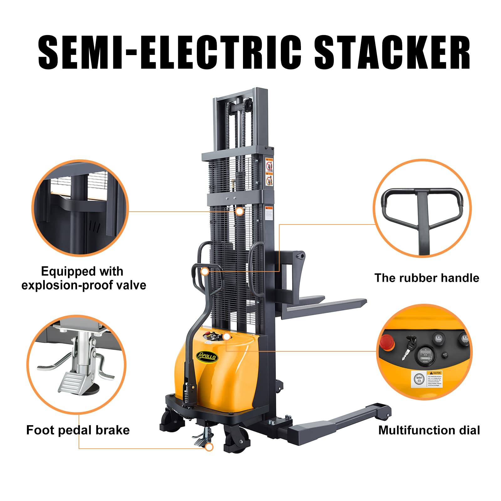 APOLLO Semi-Electric Stacker Pallet Jack Straddle Legs Forklift 3300lbs Capacity 98" Lifting Height with Adjustable Forks for Material Lift