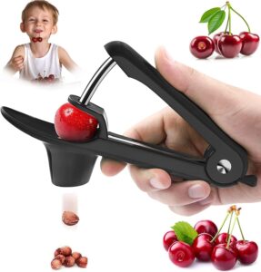 cherry pitter tool, olive pitter tool, cherry pitter remover, cherry core remover tool with space-saving lock design, pit remover for cherries (black)