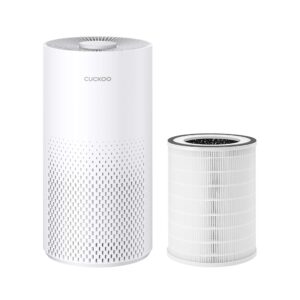 cuckoo true hepa air purifier bundle with extra filter, up to 456 sq. ft., 3-stage air filter with h13 hepa and activated carbon, small air purifiers for home bedroom, white (cac-i0510fw)