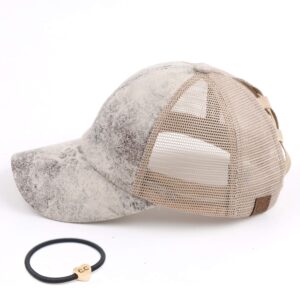 C.C Exclusives Washed Distressed Cotton Denim Criss-Cross Ponytail Hat Baseball Cap Bundle Hair Tie (BT-923) (A Elastic Band-Vintage Faux Leather Beige)