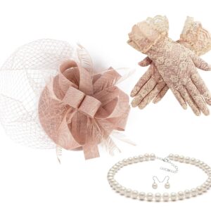 Gionforsy Pillbox Fascinator Veil Feather Derby Hat Lace Gloves Pearl Necklace (Style 8-Pink)