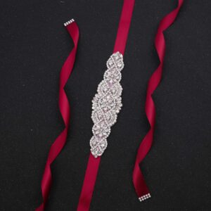 WEZTEZ Wedding Sash Pearl Belt with Satin Ribbon Handmade Crystal Bridal Belt Thin for Women formal Evening Dress Accessories (Silver-burgundy)