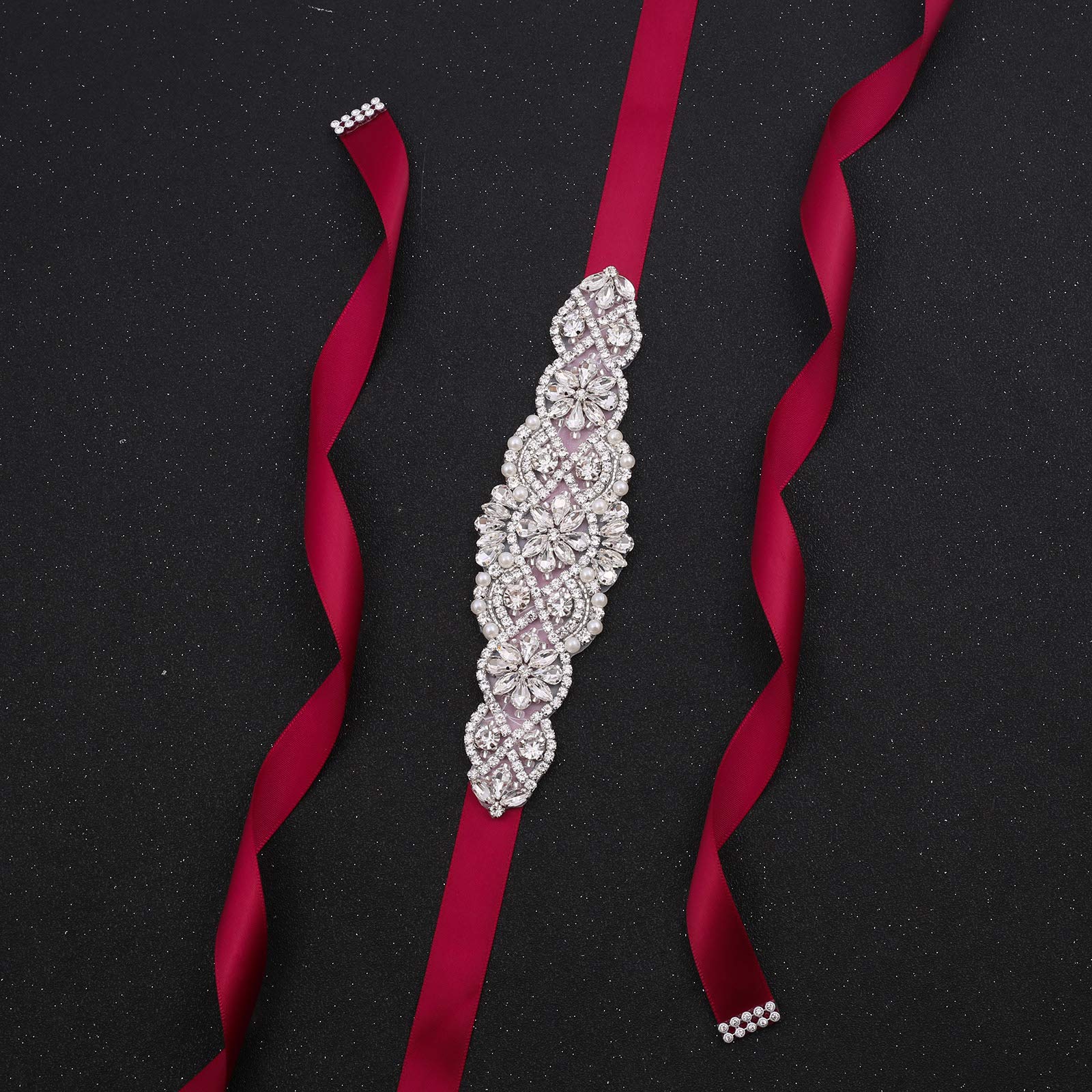 WEZTEZ Wedding Sash Pearl Belt with Satin Ribbon Handmade Crystal Bridal Belt Thin for Women formal Evening Dress Accessories (Silver-burgundy)