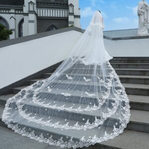 NCDIMS Wedding Veils Long for Brides 2 Tier Triple Lace Edge Long Blusher with Comb