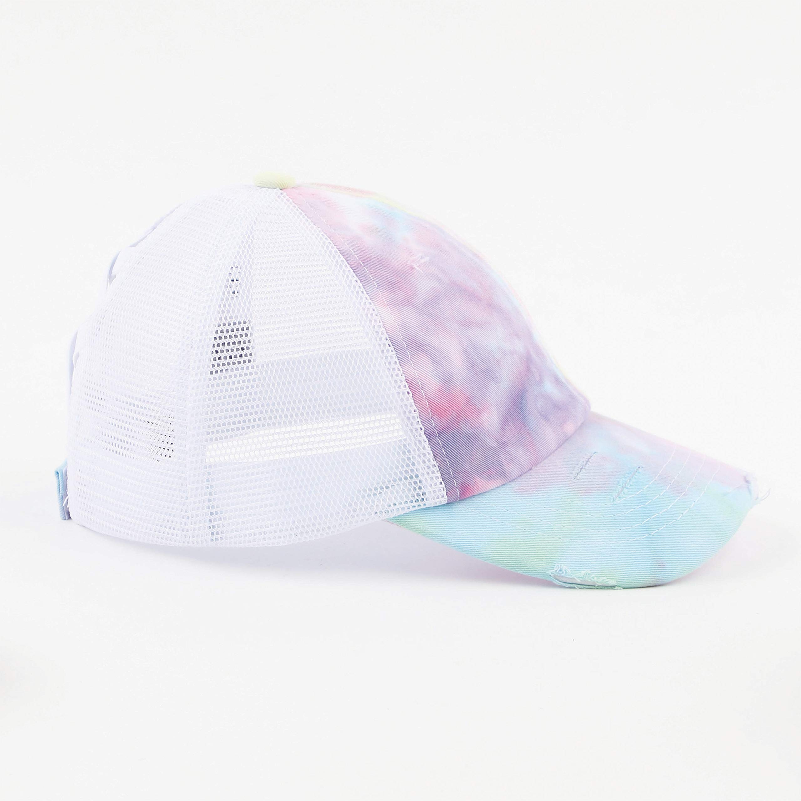 C.C Exclusives Washed Distressed Cotton Denim Criss-Cross Ponytail Hat Baseball Cap Bundle Hair Tie (BT-924) (A Elastic Band-Tie-Dye Cotton Candy with Mesh)