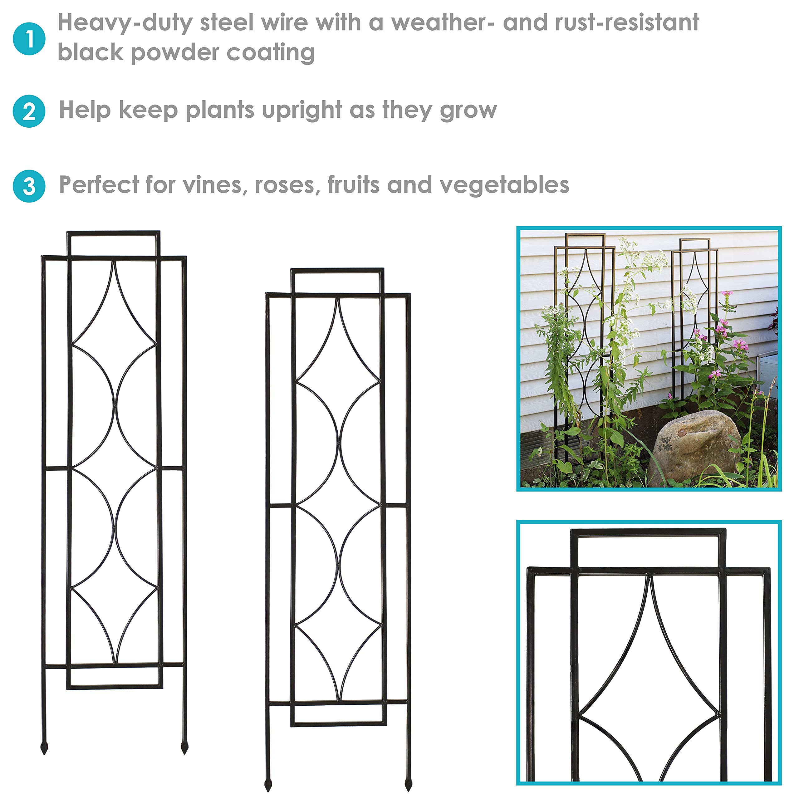 Sunnydaze 2-Piece Chic Diamonds Design Garden Trellis for Climbing Plants Set - Metal Decorative Outdoor Plant and Flower Trellis - 48-Inch Tall Each - Black