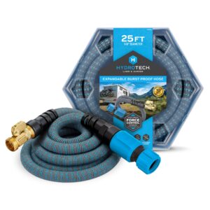 hydrotech 25 ft expandable garden hose - burst proof & lightweight, flexible water hose with durable reinfordced latex core & solid brass fittings for lawn, garden, car washing