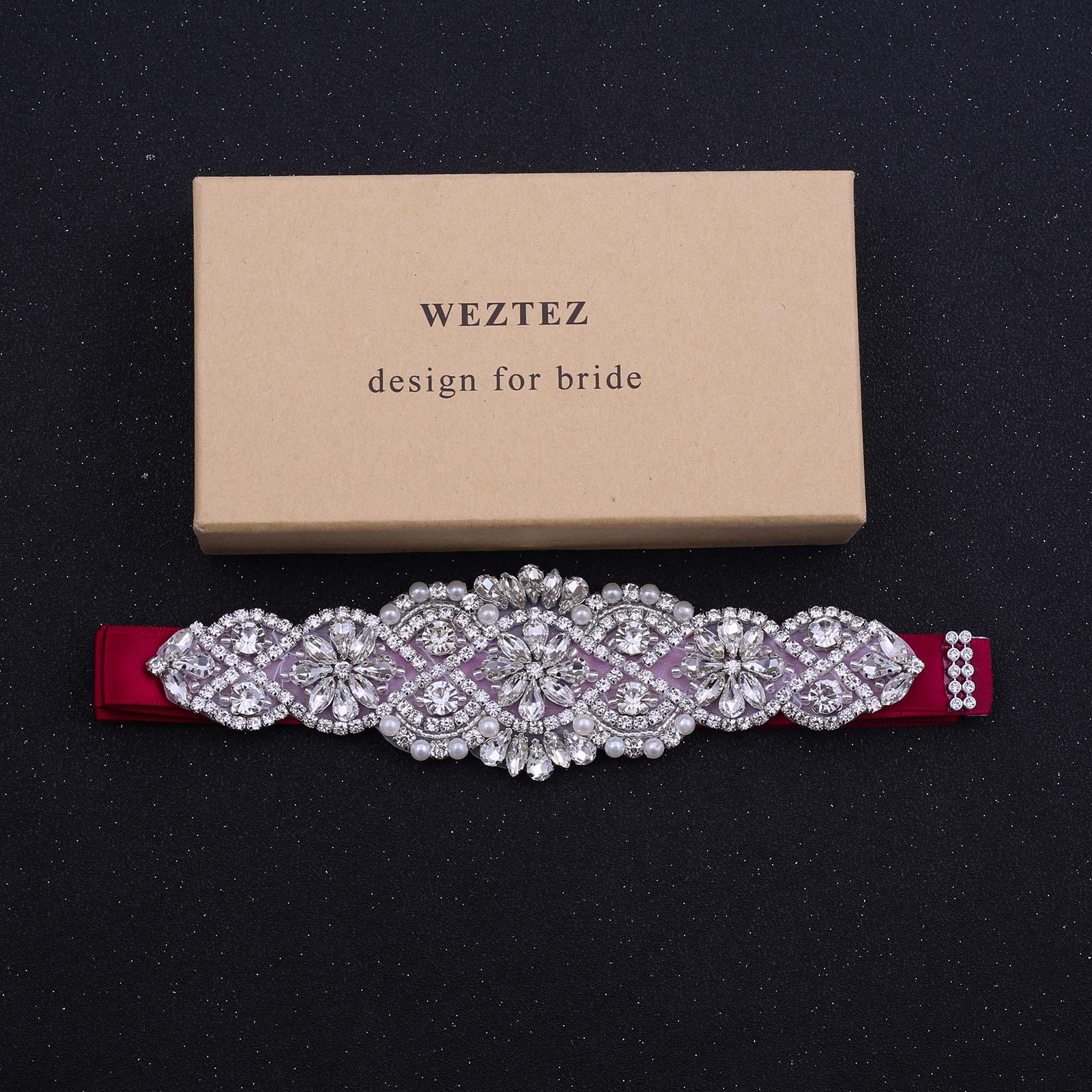 WEZTEZ Wedding Sash Pearl Belt with Satin Ribbon Handmade Crystal Bridal Belt Thin for Women formal Evening Dress Accessories (Silver-burgundy)