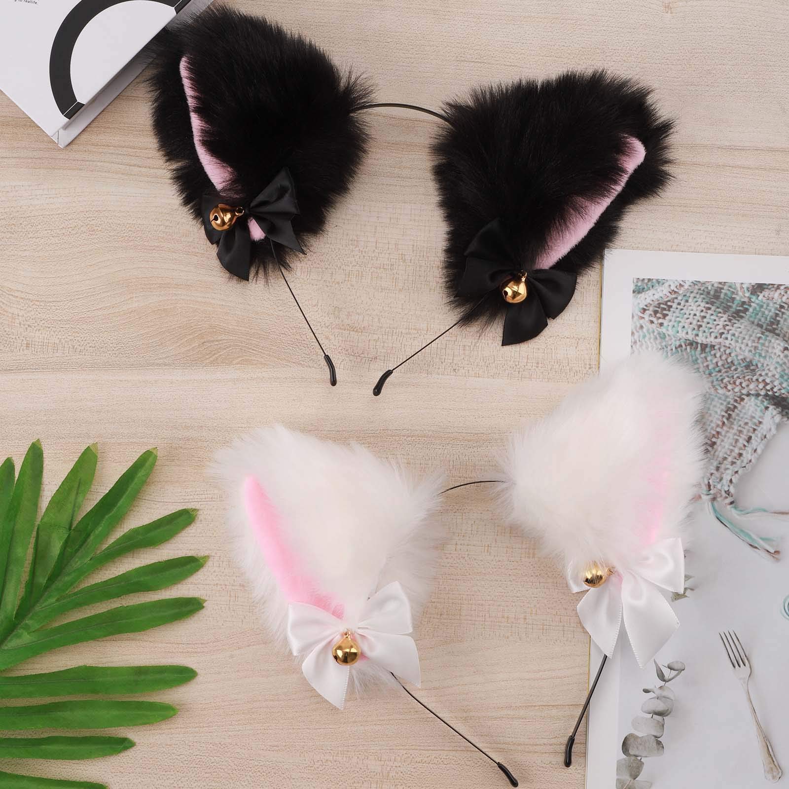 xipixiao Cat Ears Headband Plush Furry Neko Ears with Ribbon Bell for Halloween Party, Women and Kids