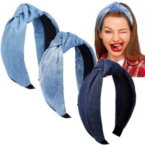 giegxin 3 pieces jean denim headband knot headband for women hair band elastic knotted blue headbands hair accessories headwear for women, 3 colors