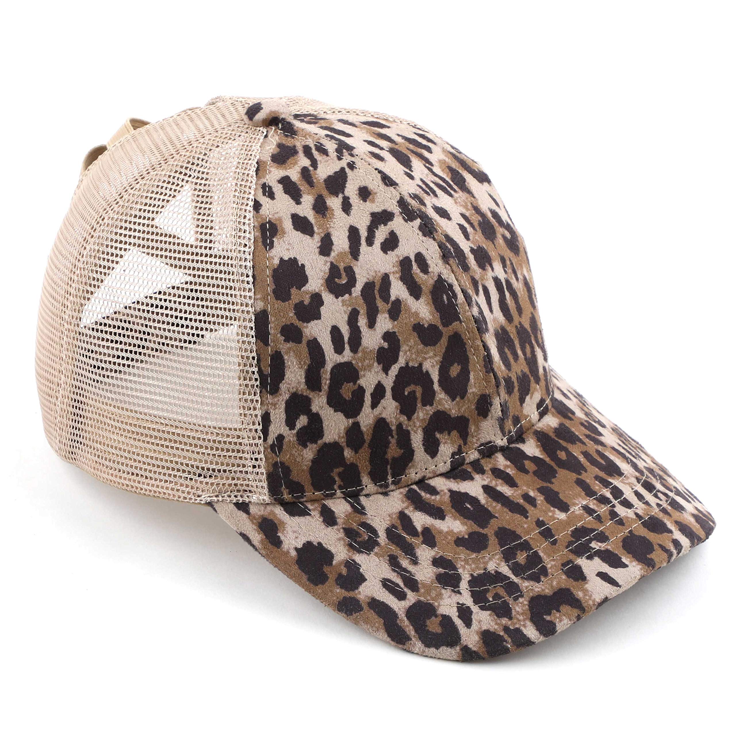 C.C Exclusives Washed Distressed Cotton Denim Criss-Cross Ponytail Hat Baseball Cap Bundle Hair Tie (BT-780)(BT-791) (A Elastic Band-Leopard/Beige)