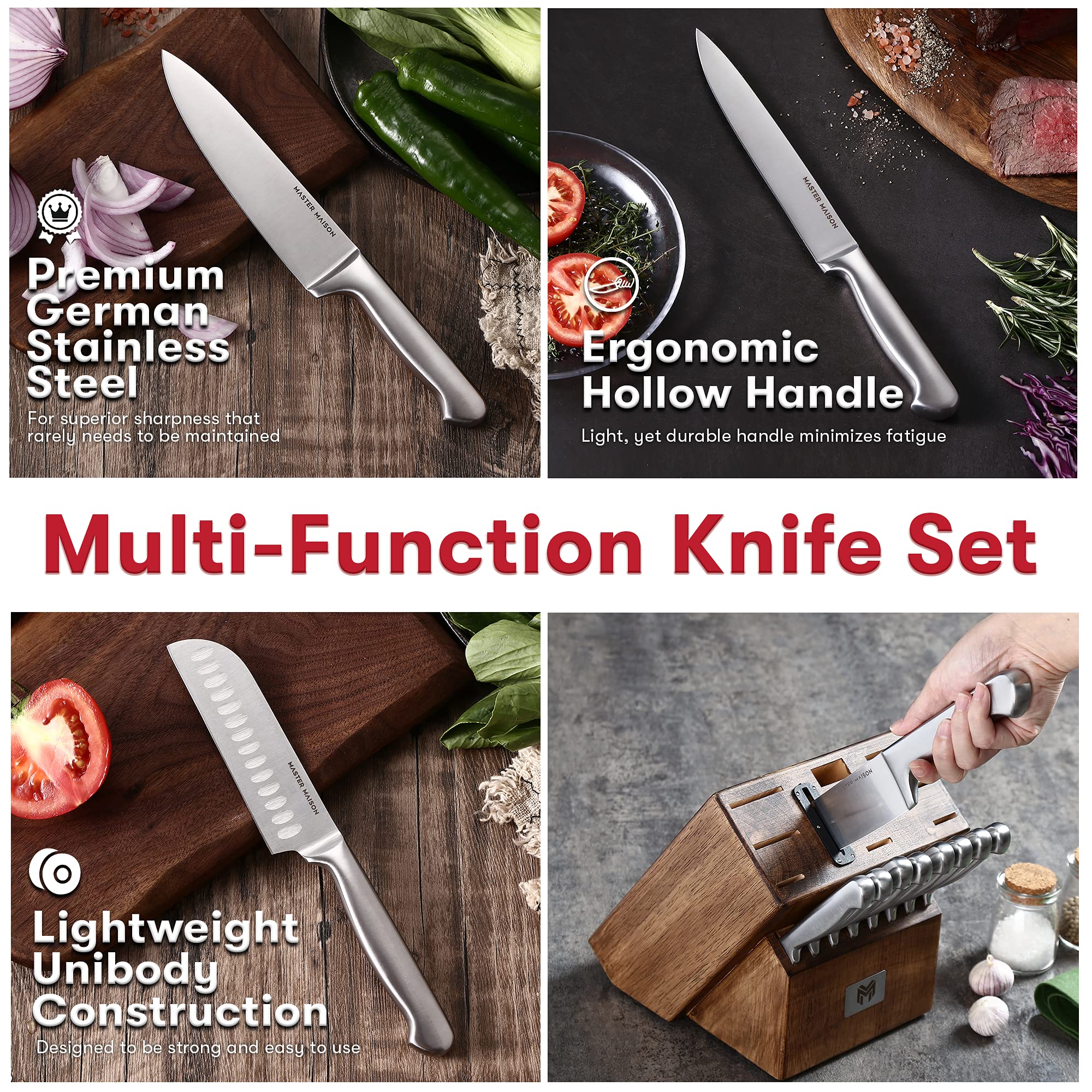 Master Maison 19-Piece Kitchen Knife Set with Wooden Block and Knife Sharpener - Stainless Steel Cutlery (Silver)