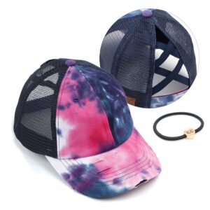 c.c exclusives washed distressed cotton denim criss-cross ponytail hat baseball cap bundle hair tie (bt-924) (a elastic band-tie-dye navy with mesh)