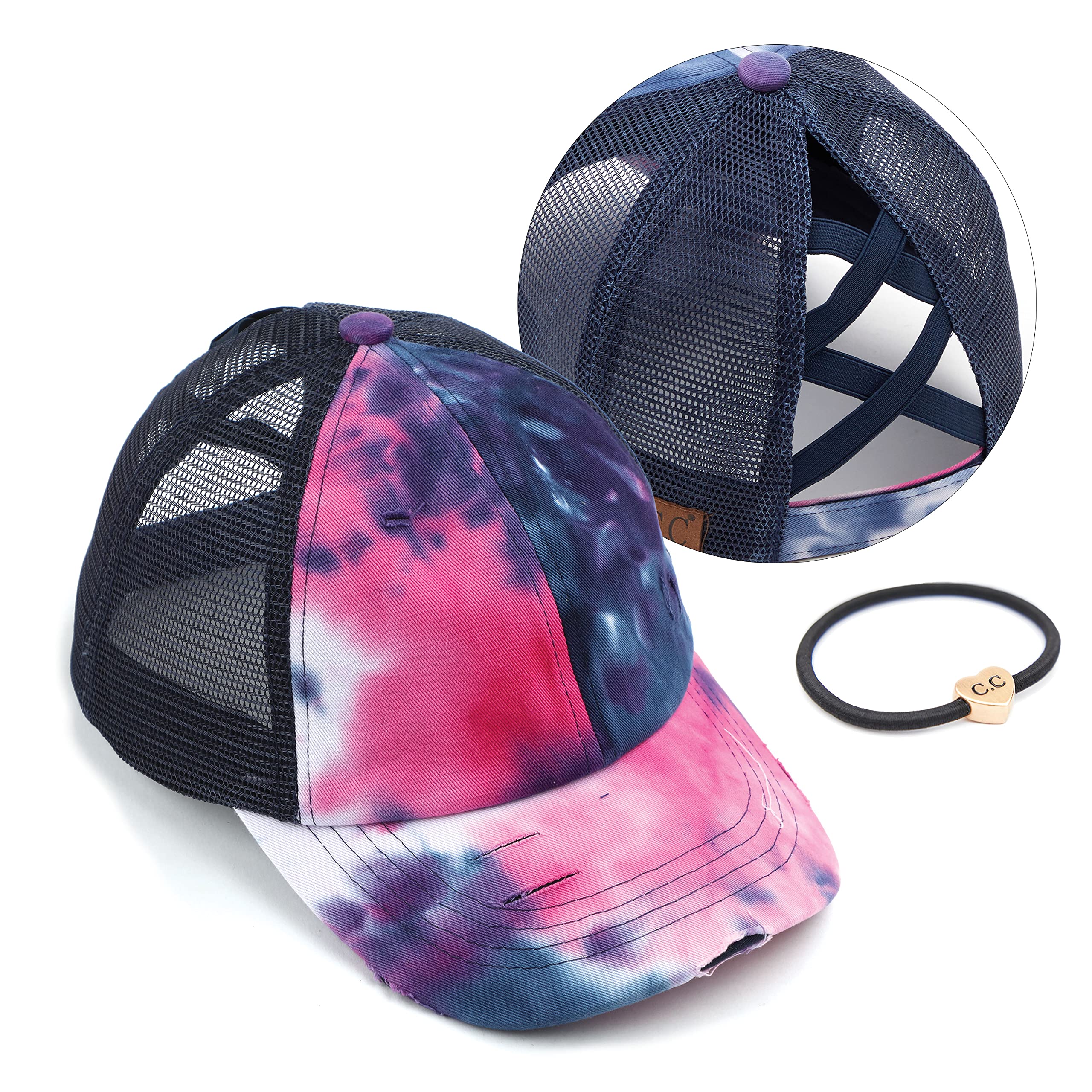 C.C Exclusives Washed Distressed Cotton Denim Criss-Cross Ponytail Hat Baseball Cap Bundle Hair Tie (BT-924) (A Elastic Band-Tie-Dye Navy with Mesh)