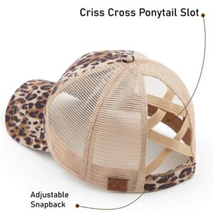 C.C Exclusives Washed Distressed Cotton Denim Criss-Cross Ponytail Hat Baseball Cap Bundle Hair Tie (BT-780)(BT-791) (A Elastic Band-Leopard/Beige)