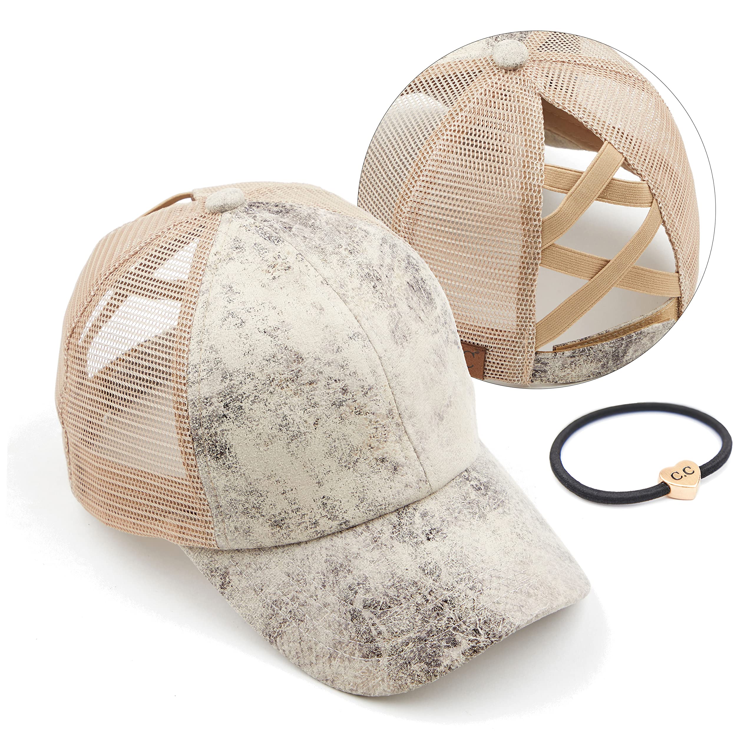 C.C Exclusives Washed Distressed Cotton Denim Criss-Cross Ponytail Hat Baseball Cap Bundle Hair Tie (BT-923) (A Elastic Band-Vintage Faux Leather Beige)