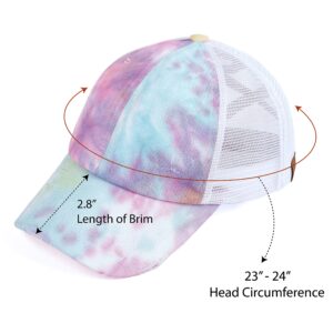 C.C Exclusives Washed Distressed Cotton Denim Criss-Cross Ponytail Hat Baseball Cap Bundle Hair Tie (BT-924) (A Elastic Band-Tie-Dye Cotton Candy with Mesh)