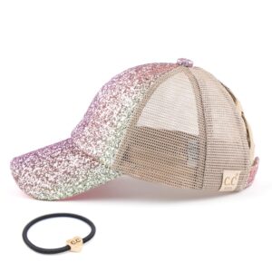 C.C Exclusives Washed Distressed Cotton Denim Criss-Cross Ponytail Hat Baseball Cap Bundle Hair Tie (KIDS-BT-931) (A Elastic Band-Crystal Ombre Mermaid-Kids)