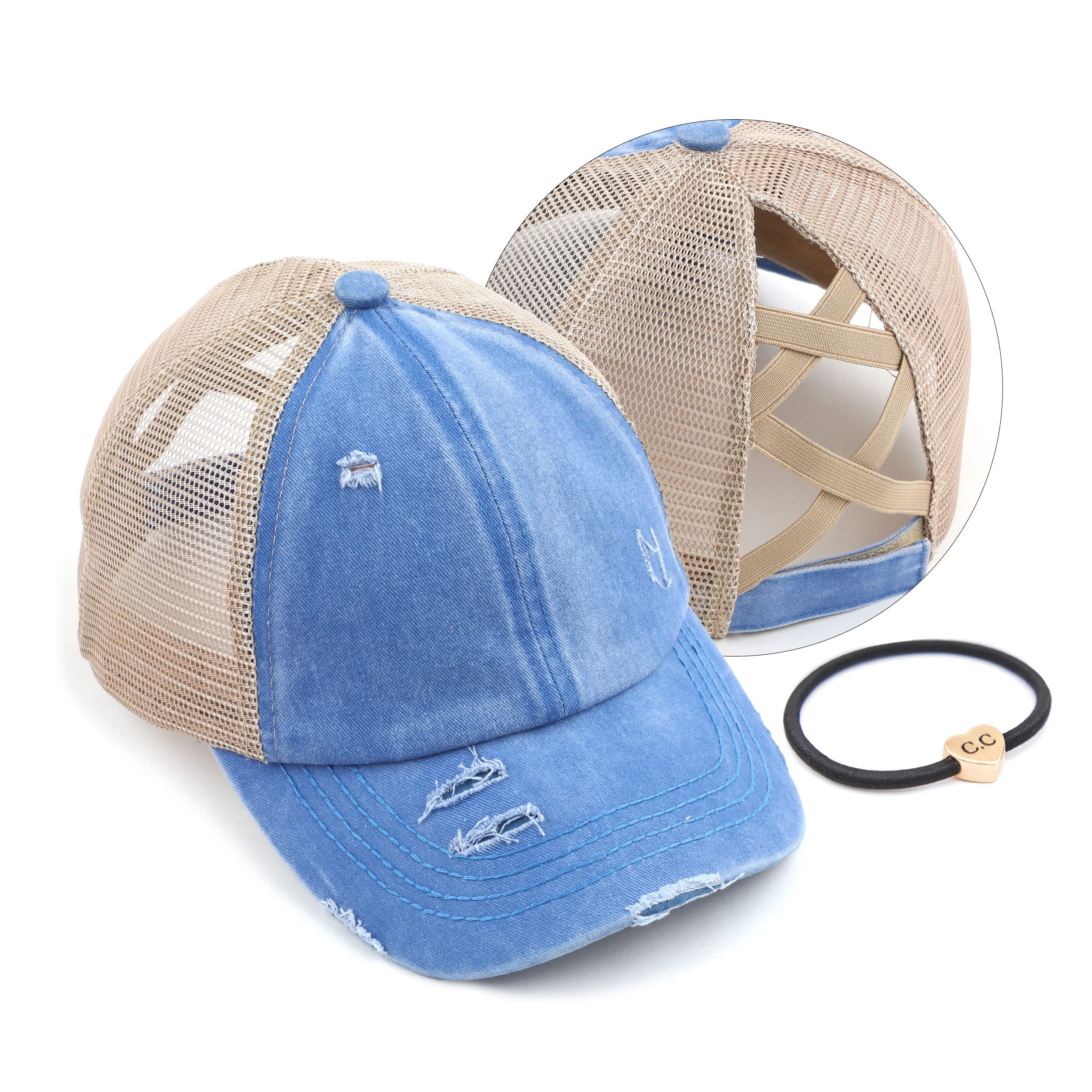 C.C Exclusives Washed Distressed Cotton Denim Criss-Cross Ponytail Hat Baseball Cap Bundle Hair Tie (BT-780)(BT-791) (A Elastic Band-Blue Moon)