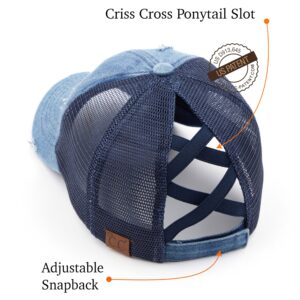 C.C Exclusives Washed Distressed Cotton Denim Criss-Cross Ponytail Hat Baseball Cap Bundle Hair Tie (BT-780)(BT-791) (A Elastic Band-Denim/Navy)