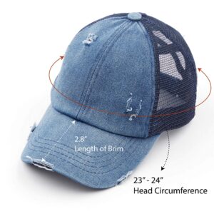 C.C Exclusives Washed Distressed Cotton Denim Criss-Cross Ponytail Hat Baseball Cap Bundle Hair Tie (BT-780)(BT-791) (A Elastic Band-Denim/Navy)