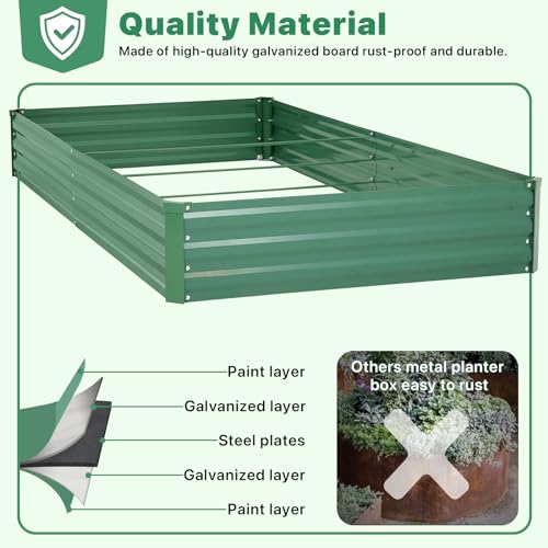 ONCEMORE Galvanized Raised Garden Bed for Vegetables Flowers Herbs, Metal Raised Garden Bed Kit with 2 PCS Tomato Cage, Gloves, Trellis Netting, Plant Labels, Plant Ties, Green 8×4×1FT