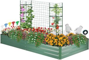 oncemore galvanized raised garden bed for vegetables flowers herbs, metal raised garden bed kit with 2 pcs tomato cage, gloves, trellis netting, plant labels, plant ties, green 8×4×1ft