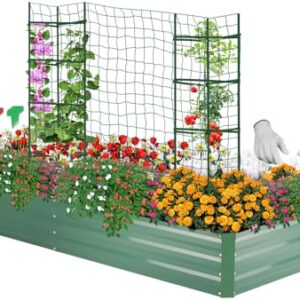 ONCEMORE Galvanized Raised Garden Bed for Vegetables Flowers Herbs, Metal Raised Garden Bed Kit with 2 PCS Tomato Cage, Gloves, Trellis Netting, Plant Labels, Plant Ties, Green 8×4×1FT