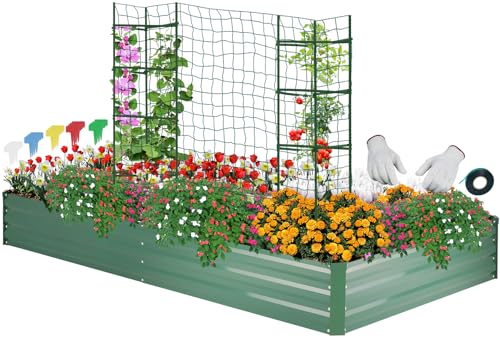 ONCEMORE Galvanized Raised Garden Bed for Vegetables Flowers Herbs, Metal Raised Garden Bed Kit with 2 PCS Tomato Cage, Gloves, Trellis Netting, Plant Labels, Plant Ties, Green 8×4×1FT