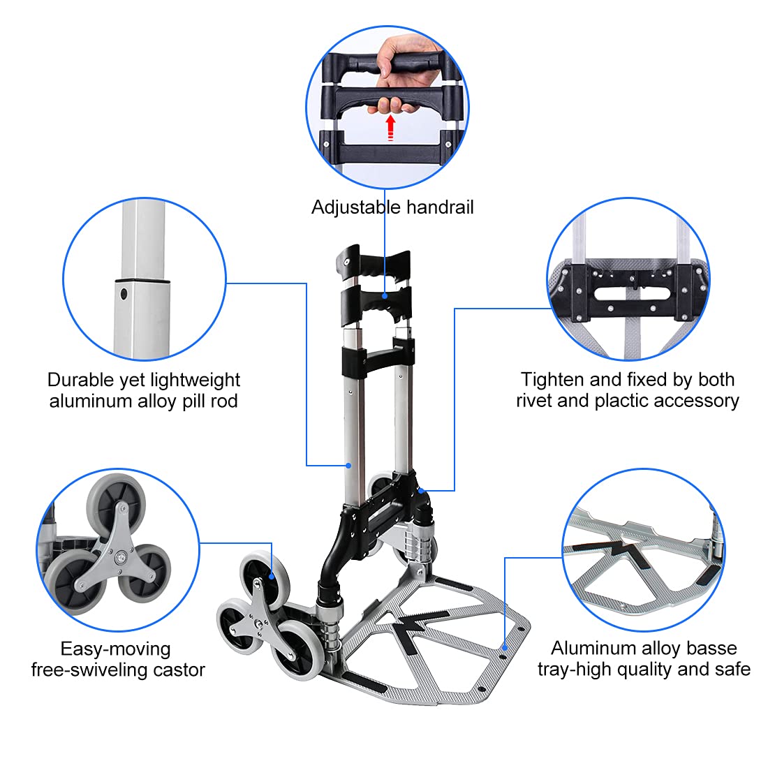 Double Rhombus Stair Climbing Cart Portable Folding Hand Truck, 330 LBS Capacity Aluminium Trolley with 3-Level Height Adjustable Telescoping Handle, 6 Rubber Wheels, 2 Bungee Cords, All Terrain