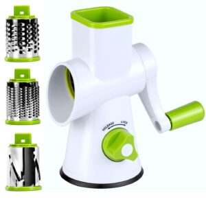 rotary cheese grater - round vegetable mandoline slicer with 3 cylinder stainless steel blades, 100% dishwasher safe, super strong grip