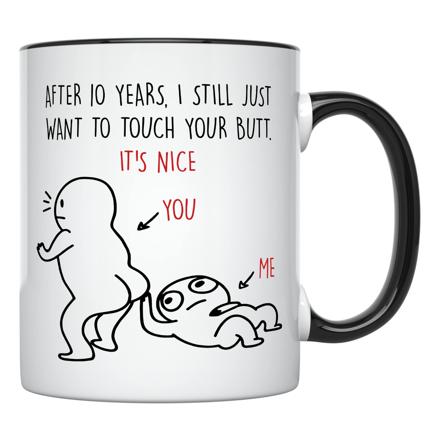 YouNique Designs 10 Year Anniversary Mug, 11 Ounces, Funny 10th Anniversary Coffee Mug for Her and Him, Tenth Year Wedding Anniversary Cup, 10th Wedding Anniversary Mug (Black Handle)