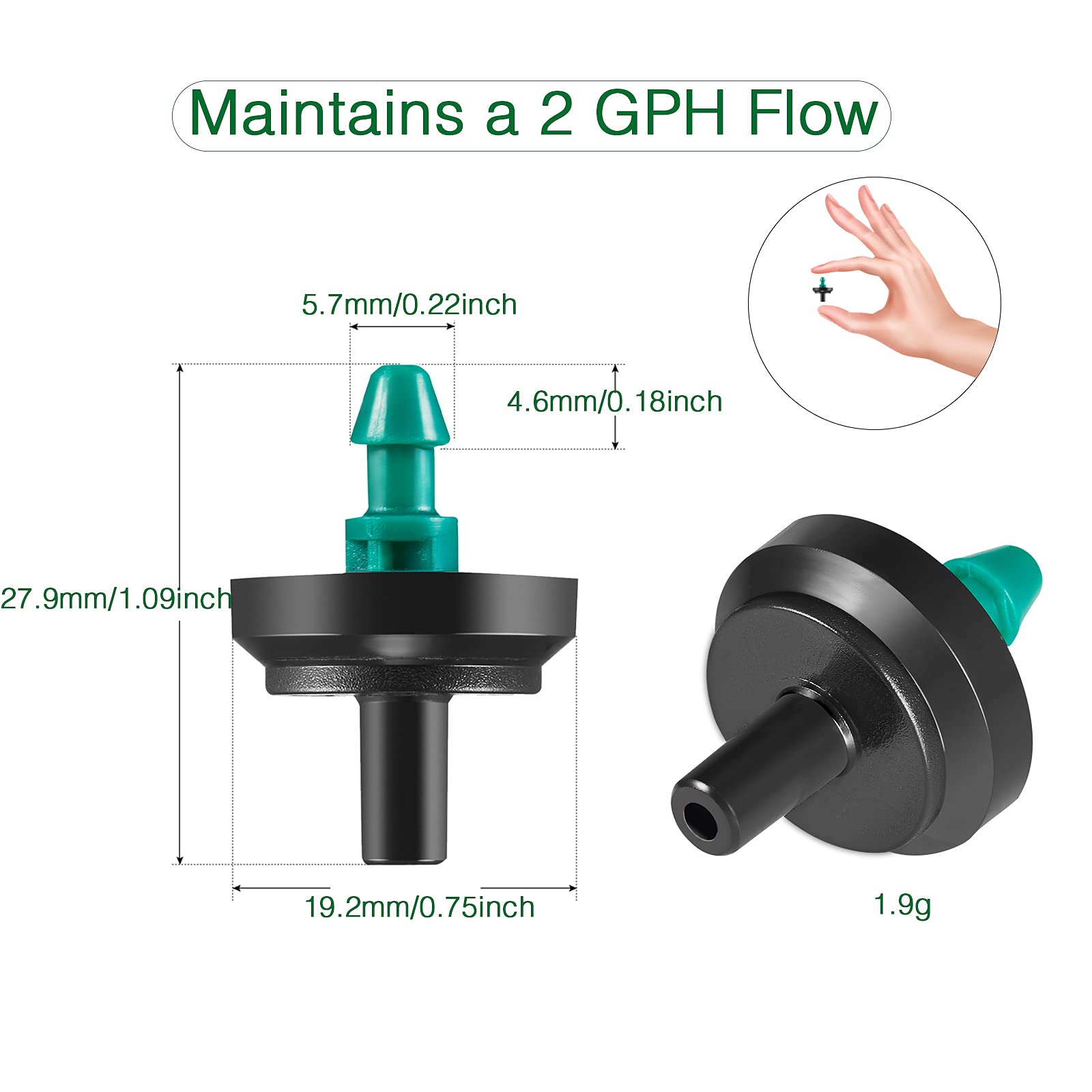 LiquiDrip 2 GPH Irrigation Drippers & Drip Emitters Maintain Constant Flow, 2 GPH Pressure Compensating Drippers, 2 GPH Inline Drippers & Drip Irrigation Emitters, 50 Per Bag, Green/Black