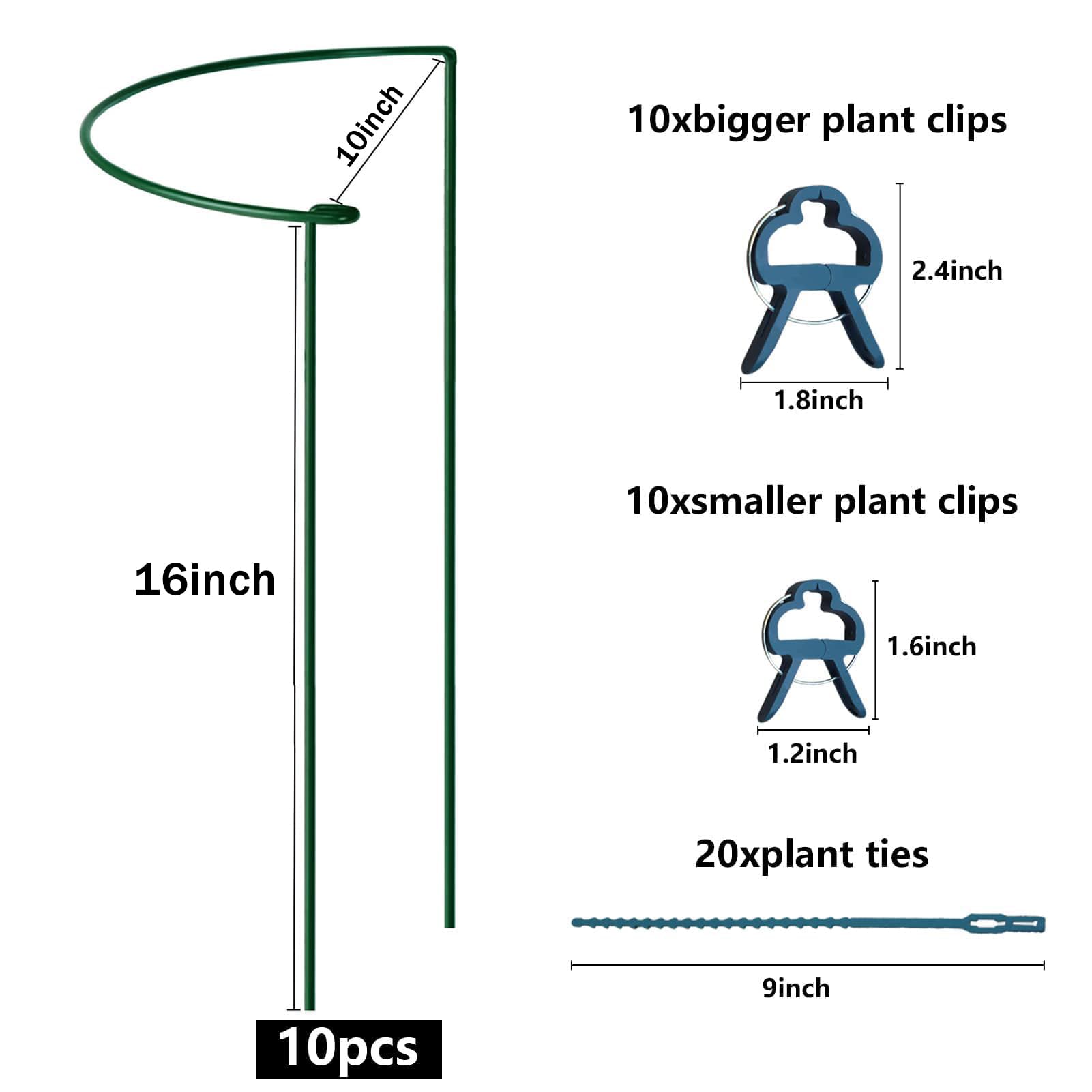 10 Pack Peony Cages and Supports, 10" (W) x 16"(H) Plant Support, Rust-Proof Metal Plant Support Stakes for Outdoor&Indoor Plants, Bonus 20 Plant Clips and 20 Plant Ties