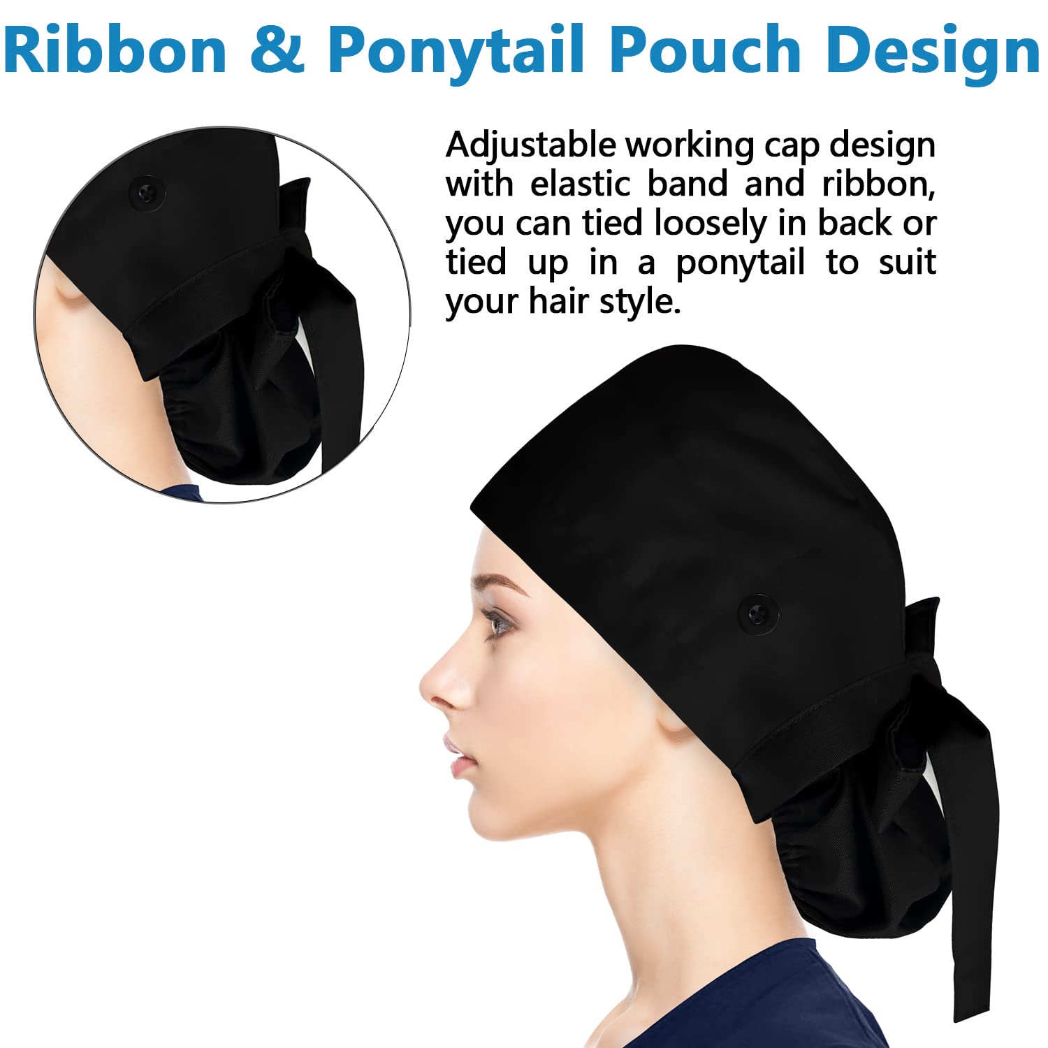 Fesciory Adjustable Working Caps with Button & Sweatband, Women Ponytail Pouch Hats, Long Hair(Navy+Black)