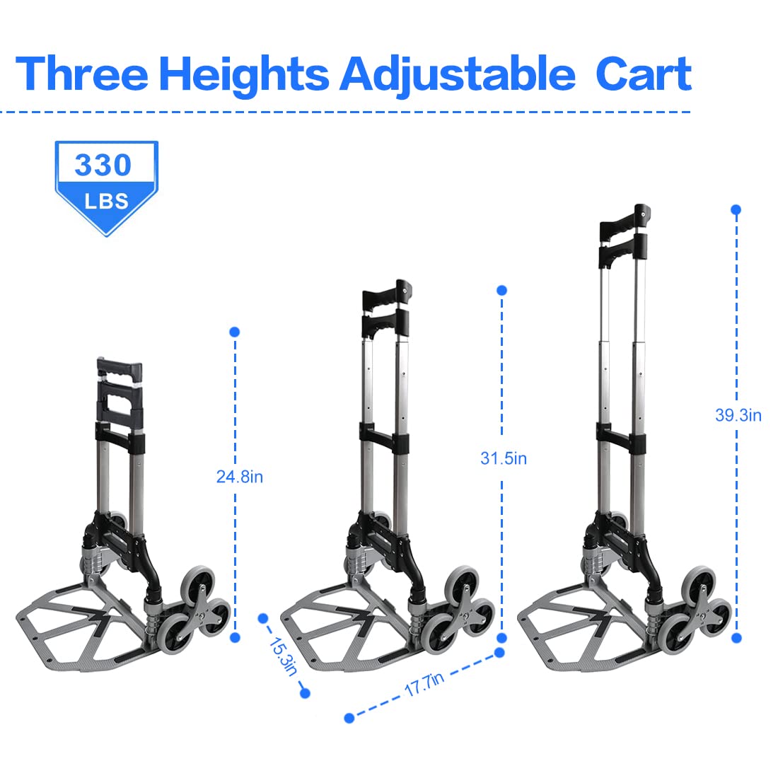 Double Rhombus Stair Climbing Cart Portable Folding Hand Truck, 330 LBS Capacity Aluminium Trolley with 3-Level Height Adjustable Telescoping Handle, 6 Rubber Wheels, 2 Bungee Cords, All Terrain