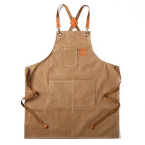 tosewever canvas cross back chef apron for men women with adjustable straps large pockets, waterdrop kitchen heavy duty cotton aprons for tool cooking bbq artist, m to xxl (cappuccino brown)