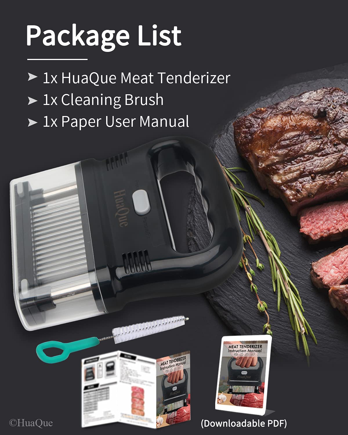 HuaQue Meat Tenderizer Tool, Detachable 48-Blade Stainless Steel Steak Tenderizer Needles for Tenderizing Beef/Chicken/Pork, Dishwasher Safe, Cleaning Brush/User Manual/Recipe Ebook (PDF) Included